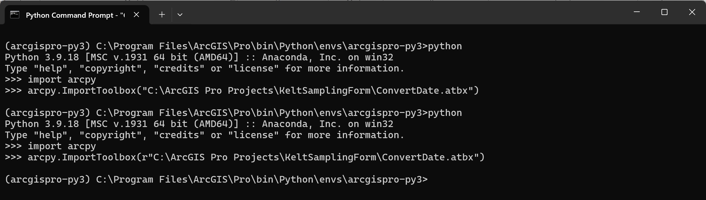 Solved Arcpyimporttoolbox Crashing Python Command Prompt Esri Community