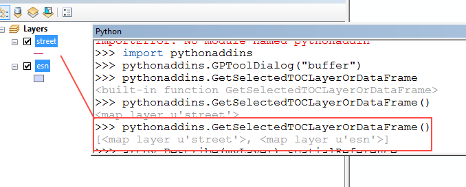 pythonaddins.GetSelectedTOCLayerOrDataFrame() sho... - Esri Community
