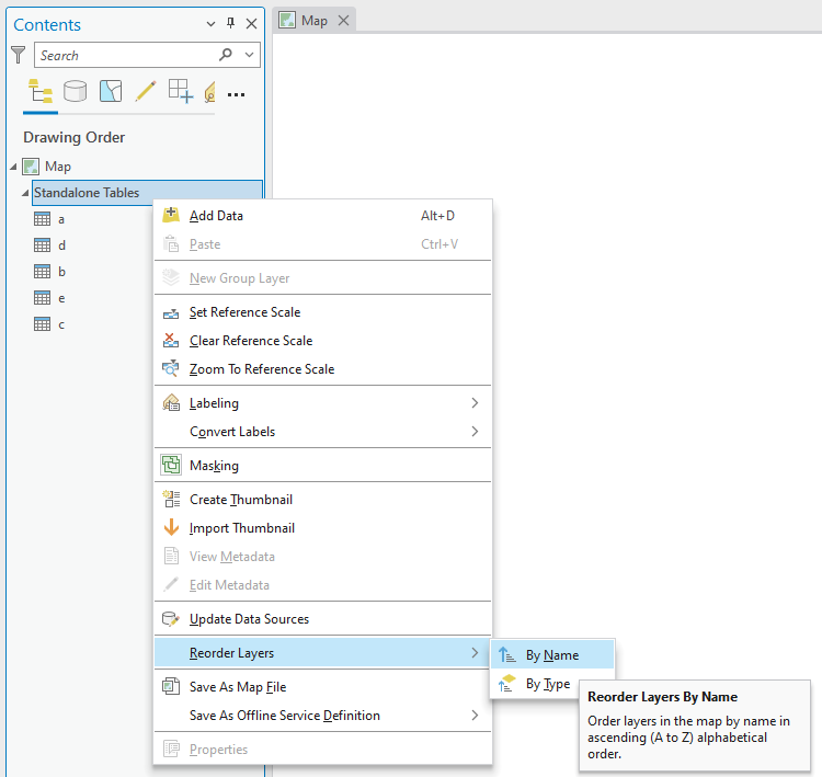 Reorder standalone tables in Contents alphabetical... - Esri Community