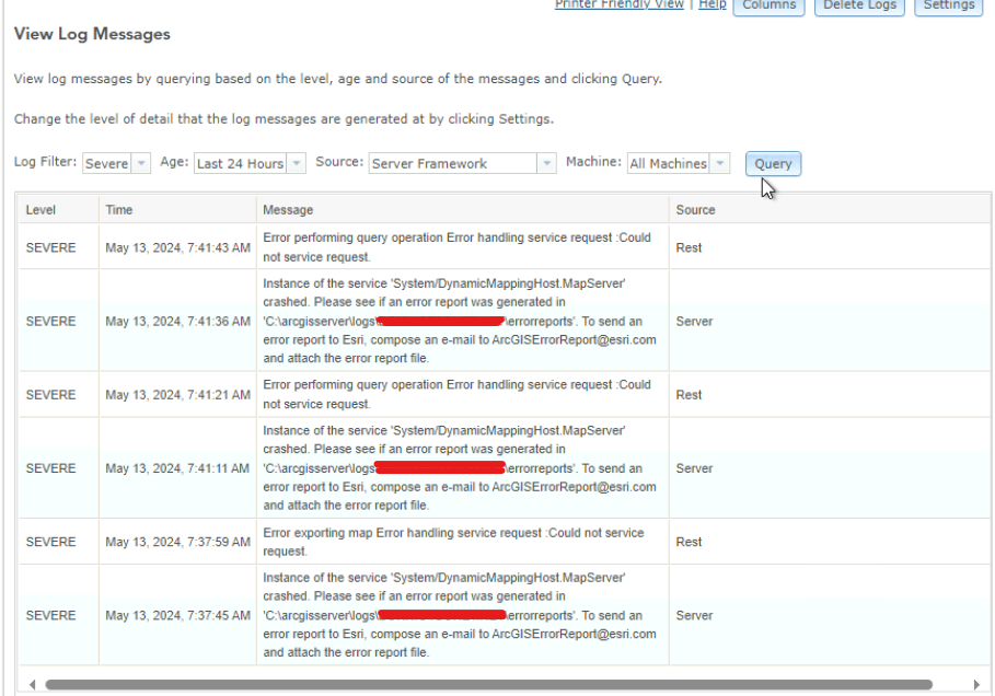 Solved: How to treat Severe ArcGIS Server Logs for System/... - Esri Community