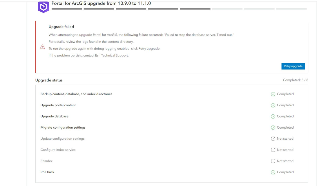 Solved: Portal upgrade failed. Failed to stop the database... - Esri Community