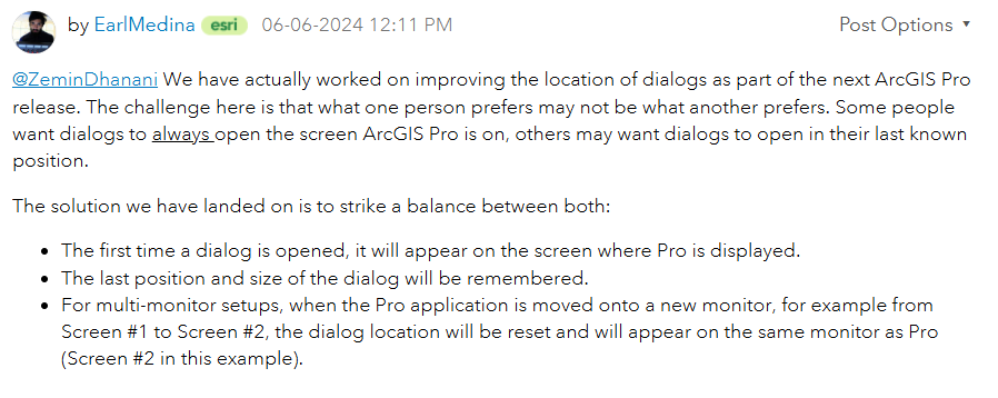 Open dialog on same screen as ArcGIS Pro - Esri Community