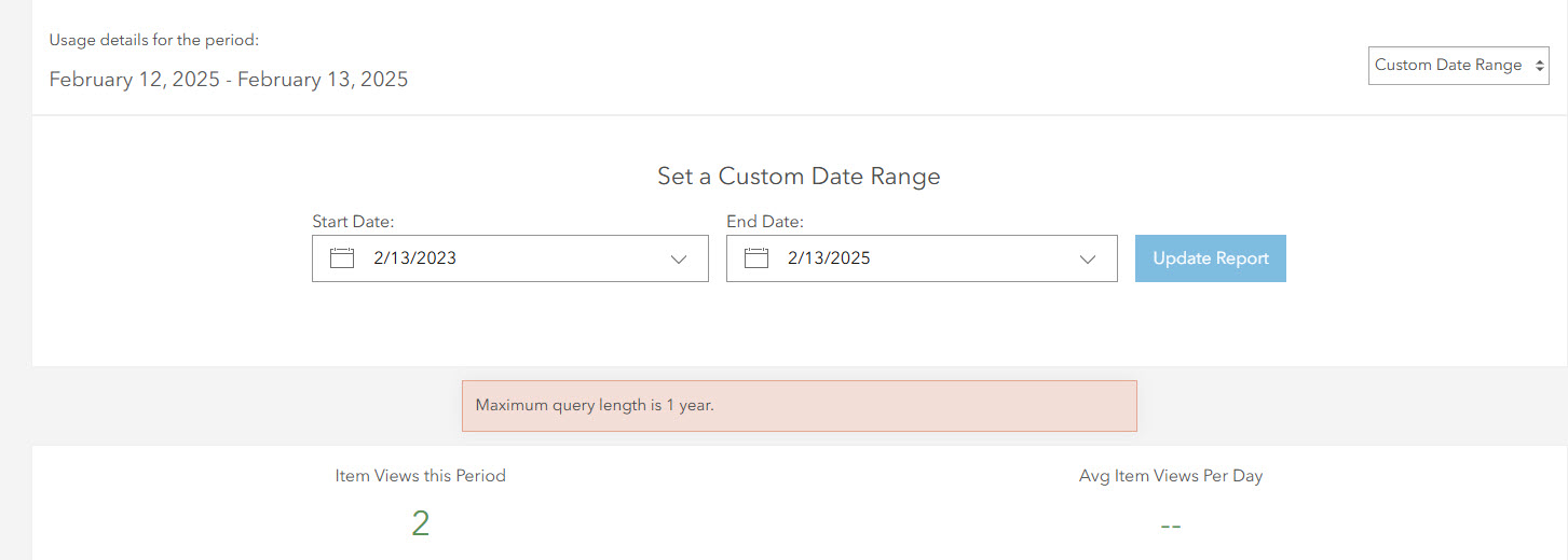 AGOL Item Usage Report Date Range 1 Year Query Lim... - Esri Community