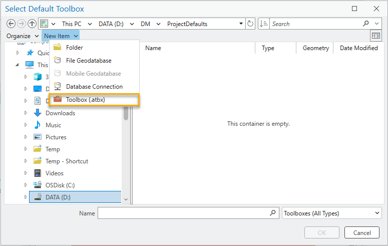 Create new toolbox from Select Default Toolbox dia... - Esri Community