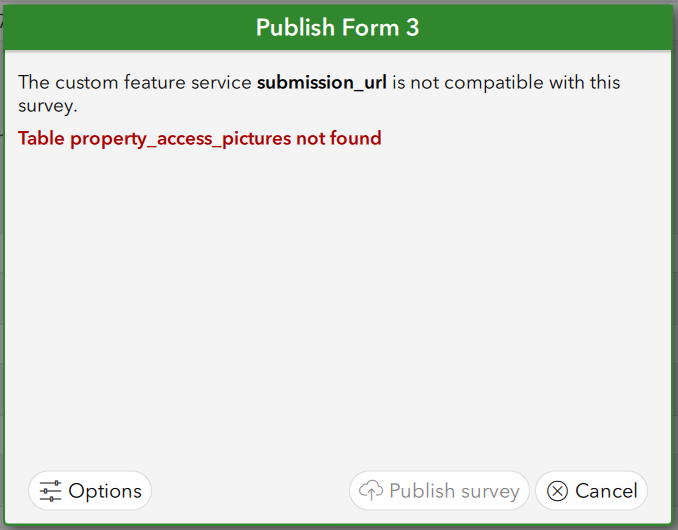 Solved: Error publishing to Survey123 Connect: The custom ... - Esri ...