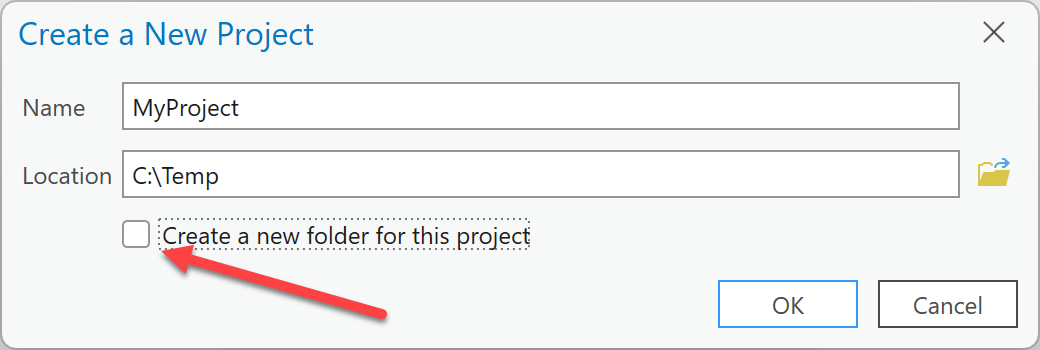 Uncheck "create new folder" during project creatio... - Esri Community
