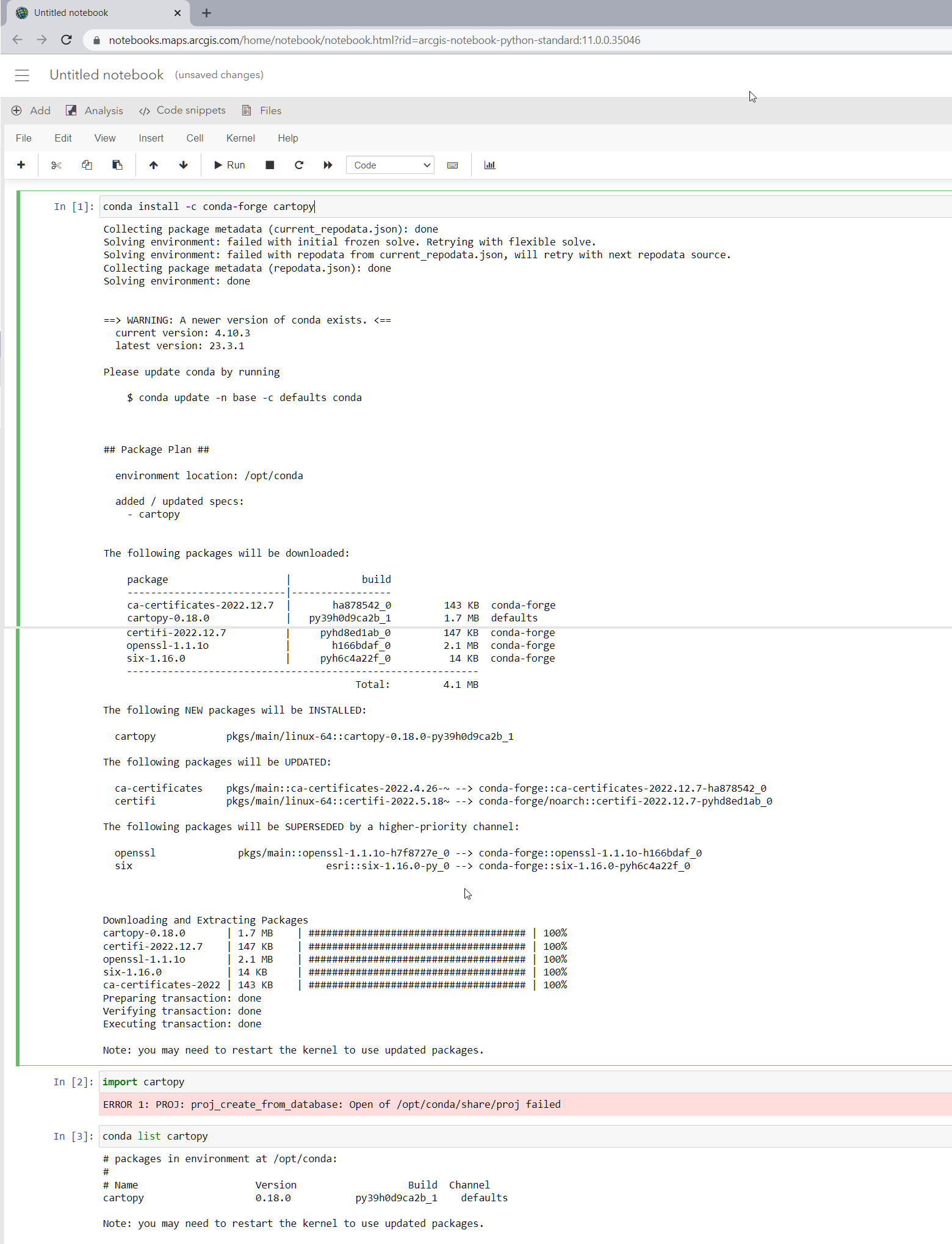 Unable to install Cartopy in online Notebook - Esri Community