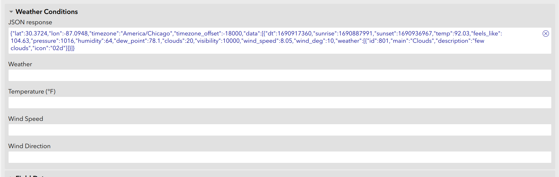 Solved: Need help with the correct pulldata(@json) syntax - Esri Community