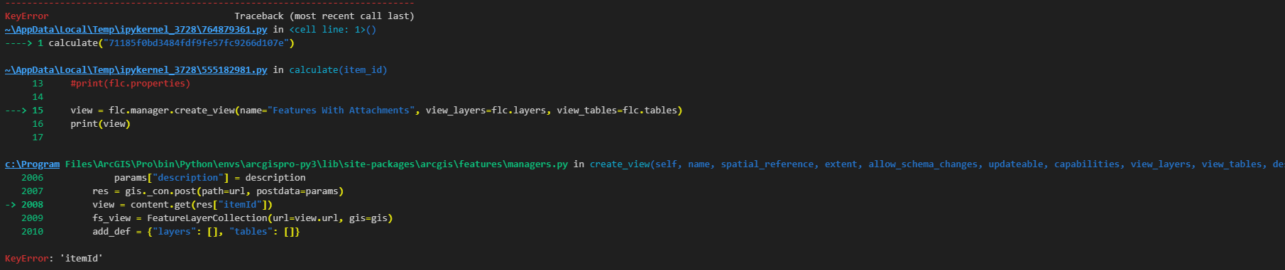 ArcGIS Python API Create View - KeyError: 'itemId' - Esri Community