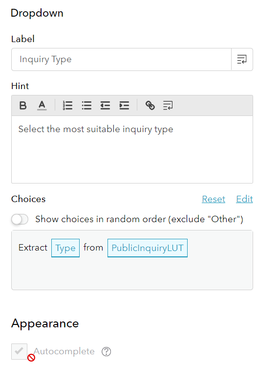 Dropdown Allowing Disable "Autocomplete" if Choice... - Esri Community